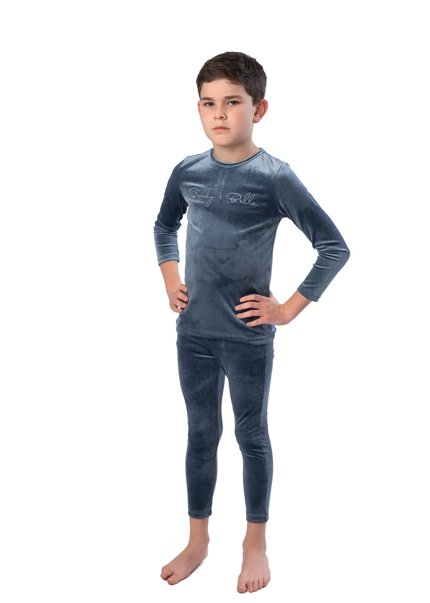 Pajamas For Kids | Blue Classy Velour With Embroidery – Cindy & Bella