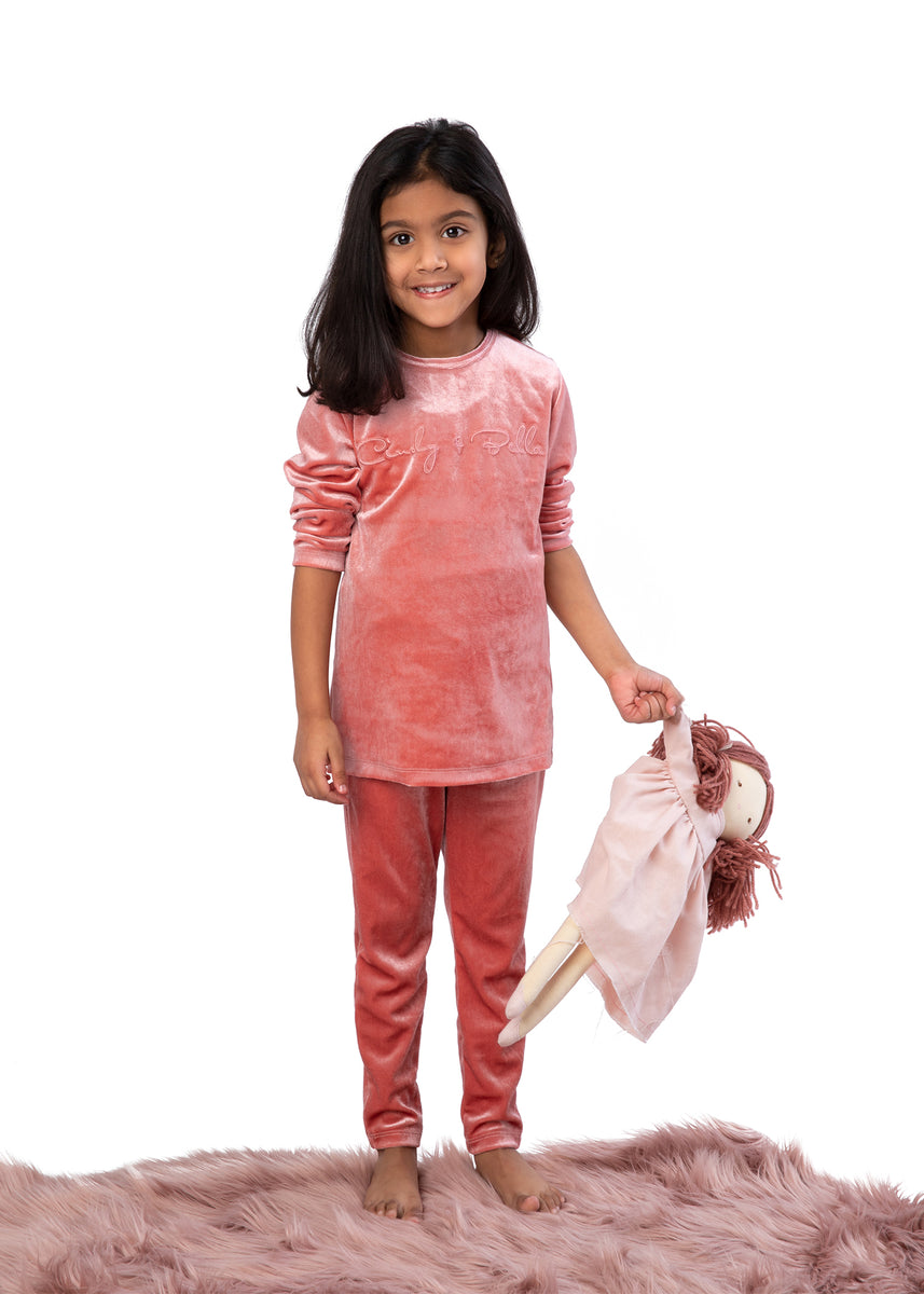 Pajamas For Kids | Pink Classy Velour With Embroidery – Cindy & Bella